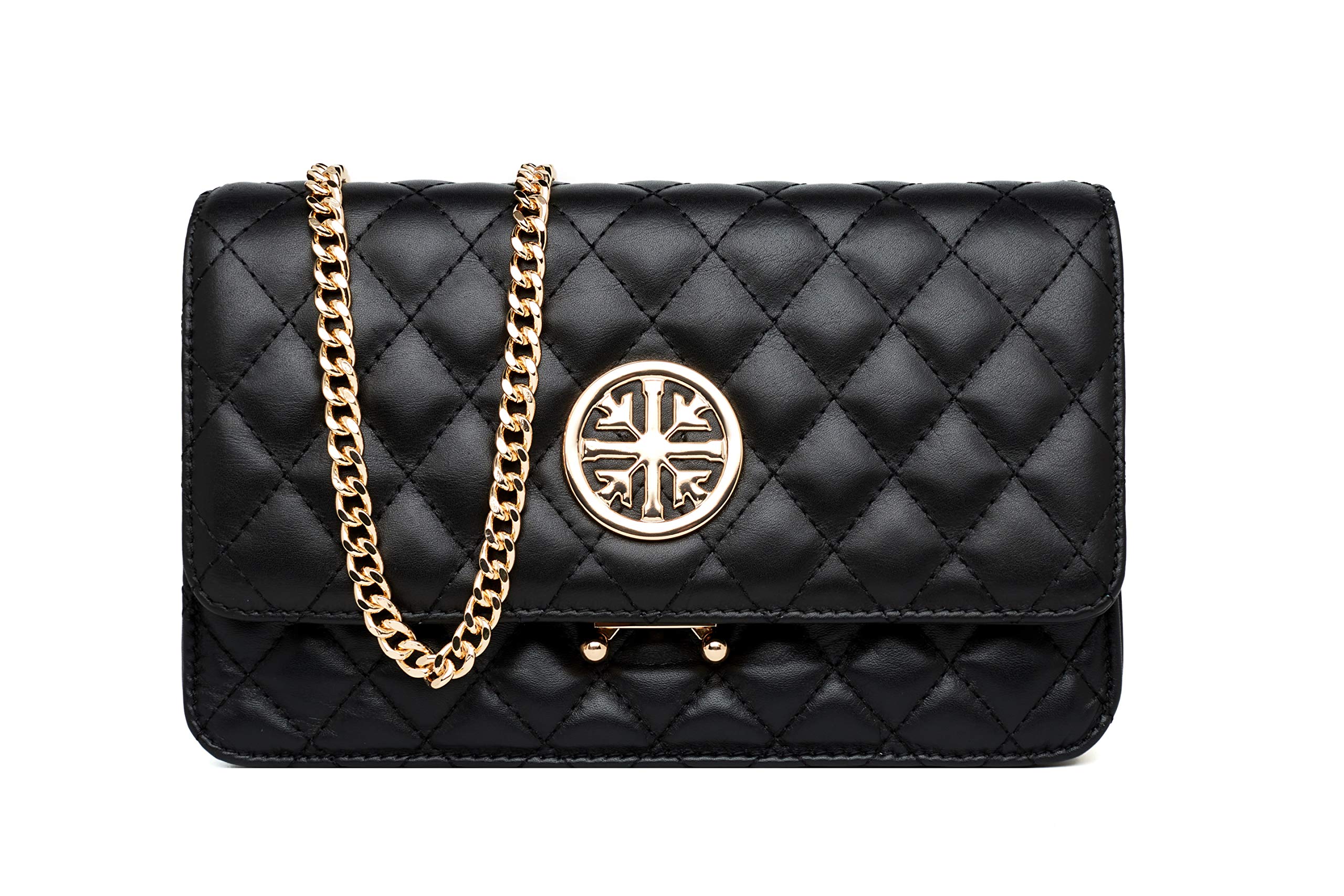 Women Genuine Leather Shoulder Bag Ladies Fashion Clutch Purses Quilted Crossbody Bags With Chain - Quilted Black