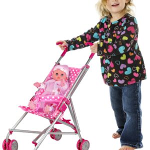 Precious Toys Baby Doll Stroller, Pink & White Polka Dots Baby Stroller for Dolls, Foldable Toy Baby Stroller, Toy Stroller for Baby Dolls, Doll Strollers for Girls 2 Years Old and Older, Toddlers