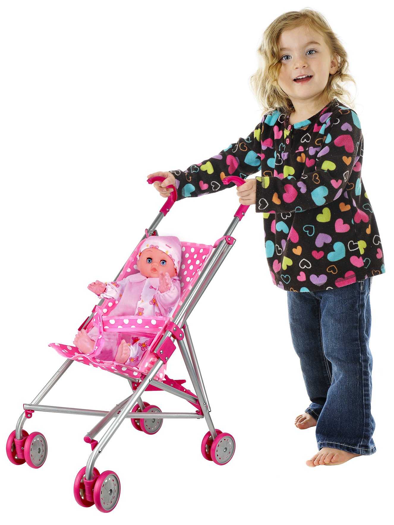 Precious Toys Baby Doll Stroller, Pink & White Polka Dots Baby Stroller for Dolls, Foldable Toy Baby Stroller, Toy Stroller for Baby Dolls, Doll Strollers for Girls 2 Years Old and Older, Toddlers