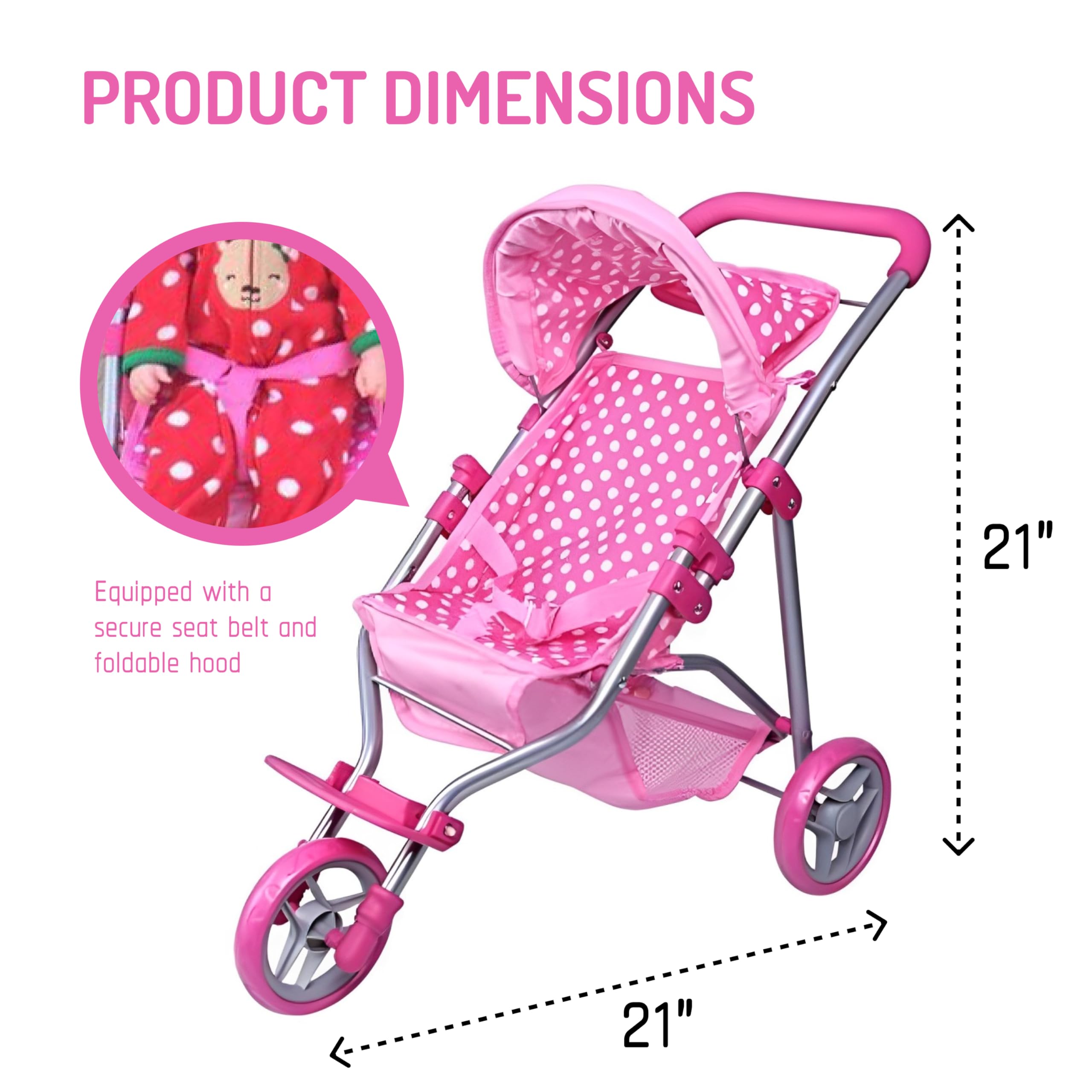 Precious Toys Baby Doll Stroller, Doll Stroller for Toddlers and 2-Year-Old Girls and Older, Pink & White Polka Dots, Toy Baby Stroller for Dolls, Foldable with Hood, Basket and Foam Handles