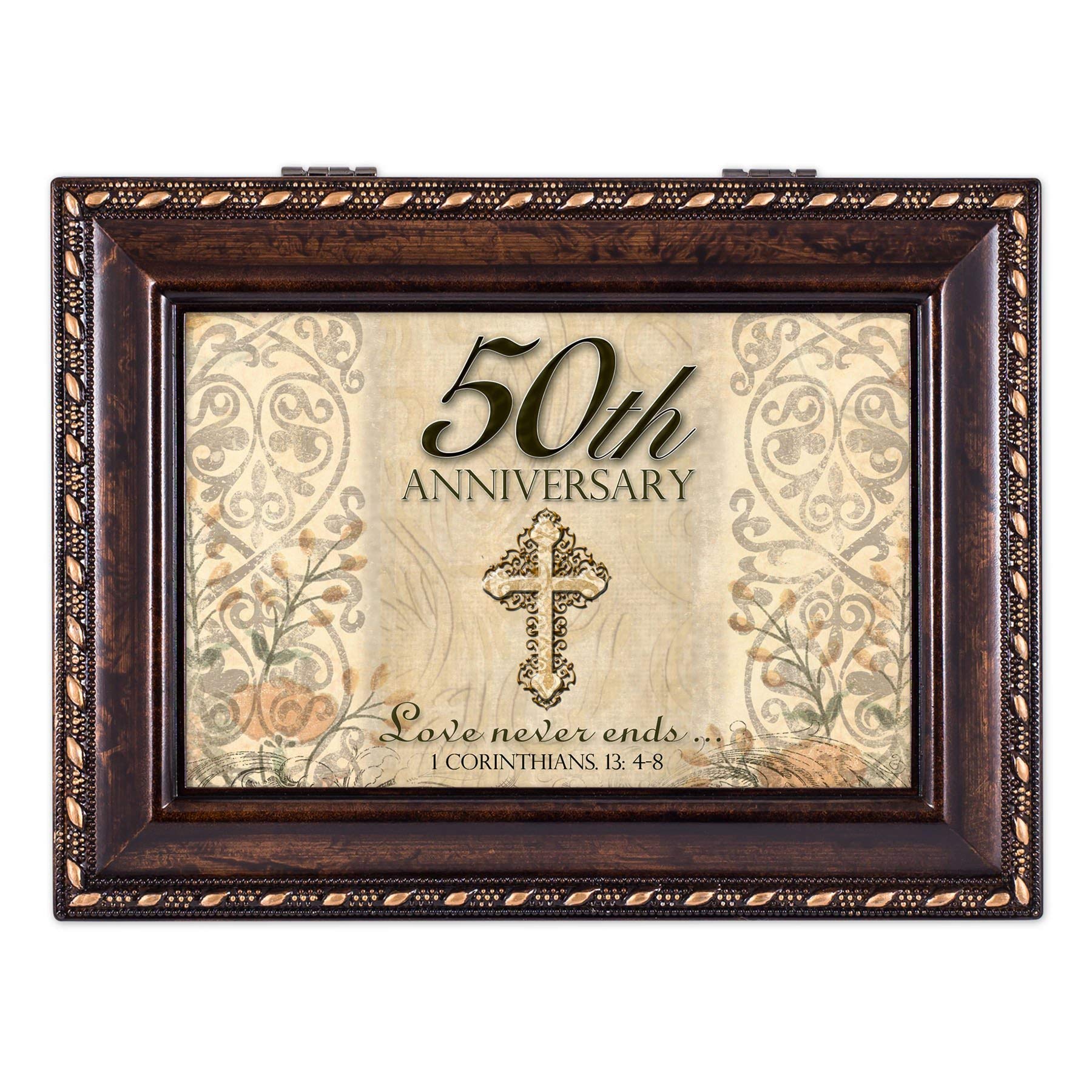 Cottage Garden 50th Anniversary Celebrate Burlwood Rope Trim Jewelry Music Box Plays Canon in D