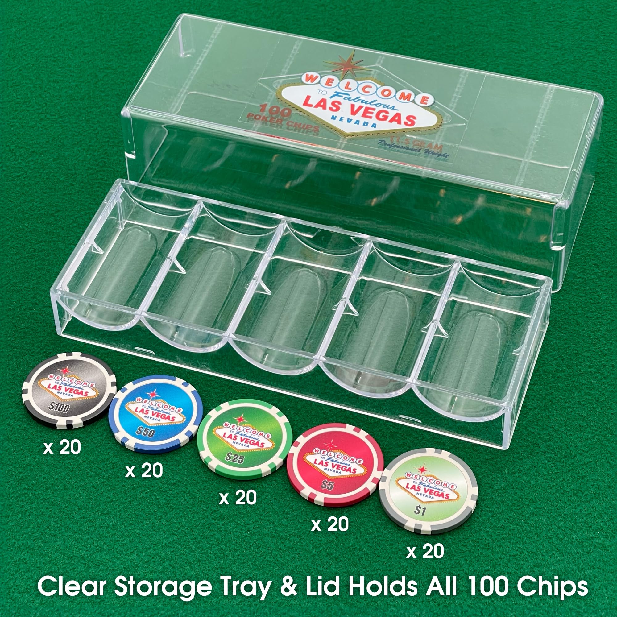 100 Piece "Las Vegas" Design Poker Chips in Clear Plastic Tray