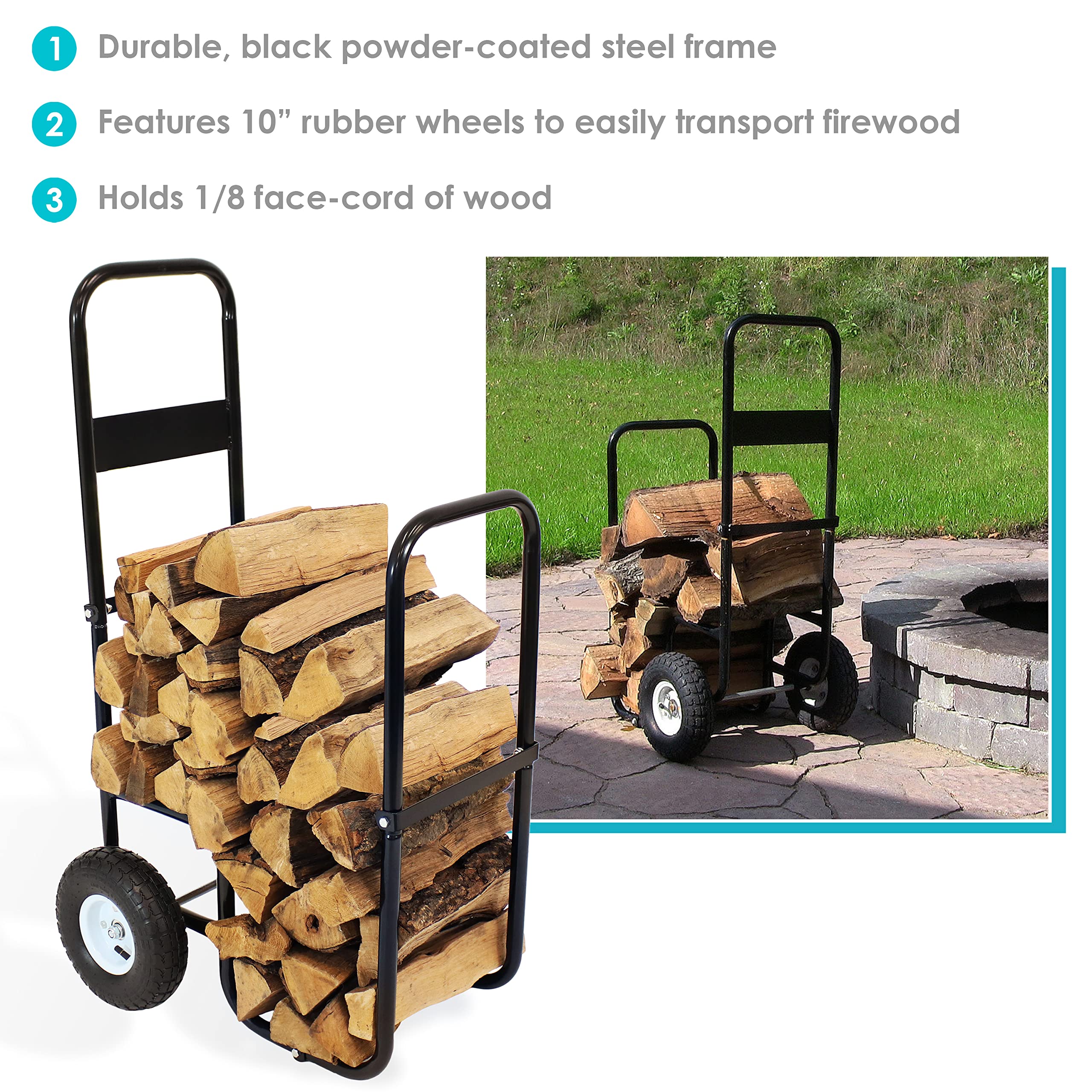 Sunnydaze Outdoor Firewood Log Cart with Pneumatic Tires - Black Steel Rolling Wood Carrier