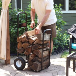 Sunnydaze Outdoor Firewood Log Cart with Pneumatic Tires - Black Steel Rolling Wood Carrier