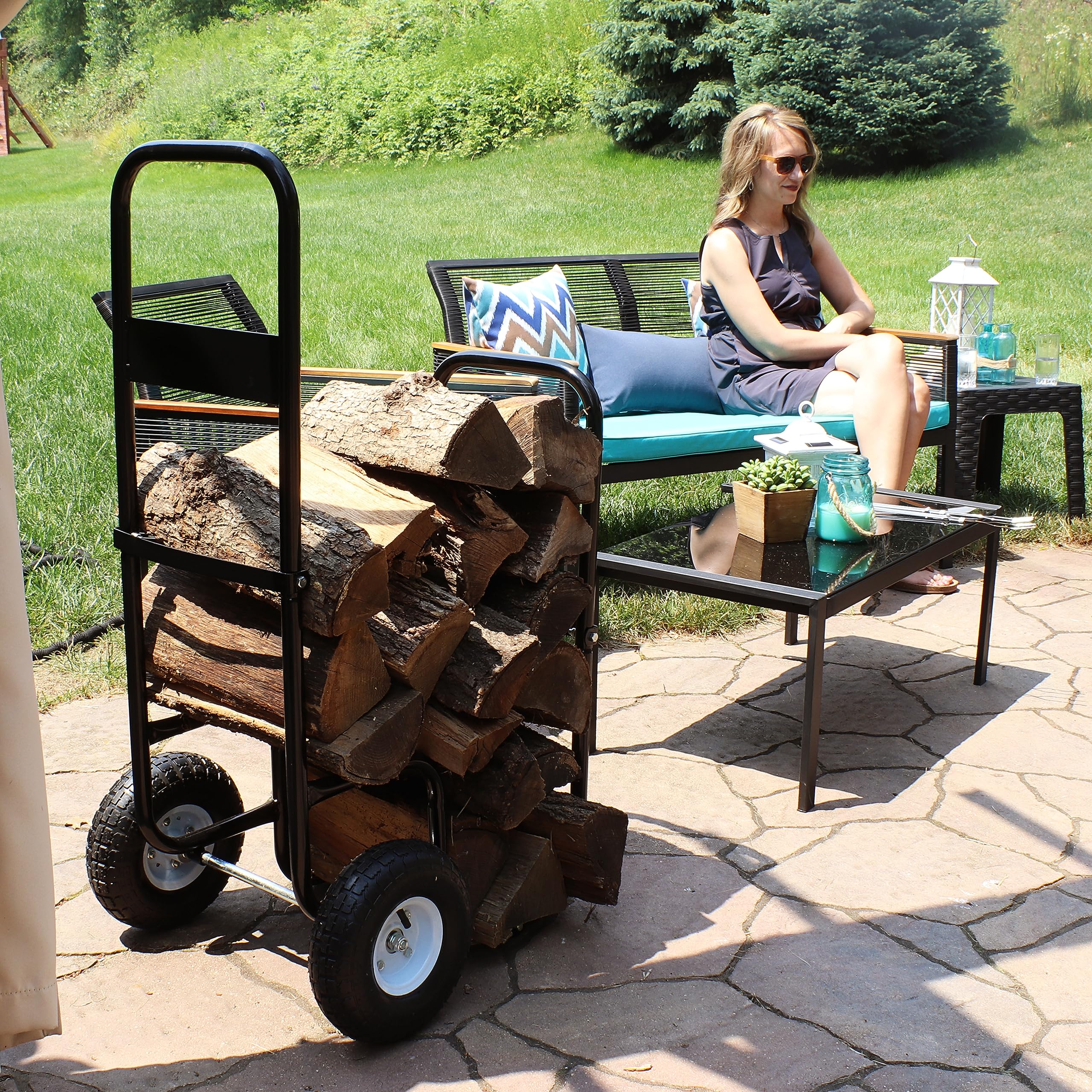 Sunnydaze Outdoor Firewood Log Cart with Pneumatic Tires - Black Steel Rolling Wood Carrier