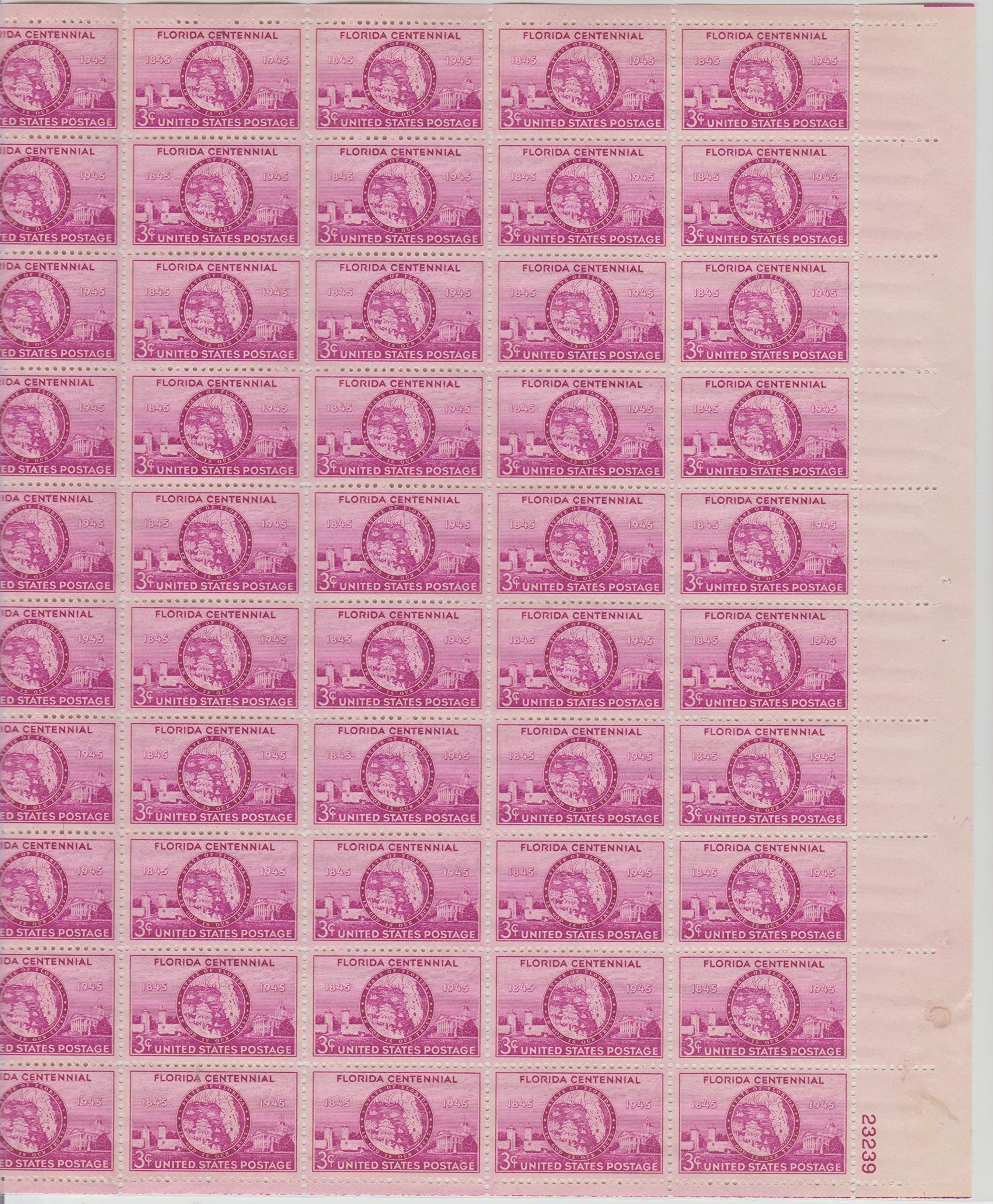 U.S. Stamp Scott 927 Florida Centennial Full Sheet MNH