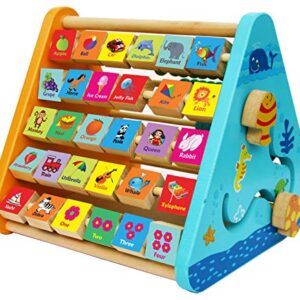 TOWO Activity Centre Triangle Toys - flip Flop Alphabet Blocks Abacus Clock - Activity Cube for Toddlers 5 in 1- Toys for Babies Montessori Learning-Wooden Toys for 1 Year Old