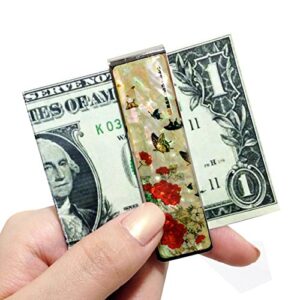 Mother of Pearl Red Peony Flower Butterfly Slim Stainless Steel Metal Money Clip Holder