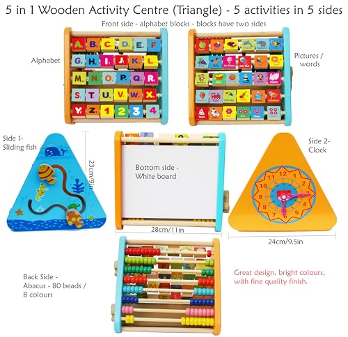 TOWO Activity Centre Triangle Toys - flip Flop Alphabet Blocks Abacus Clock - Activity Cube for Toddlers 5 in 1- Toys for Babies Montessori Learning-Wooden Toys for 1 Year Old