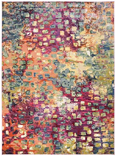 SAFAVIEH Monaco Collection Area Rug - 6'7" x 9'2", Pink & Multi, Boho Chic Abstract Watercolor Design, Non-Shedding & Easy Care, Ideal for High Traffic Areas in Living Room, Bedroom (MNC225D)