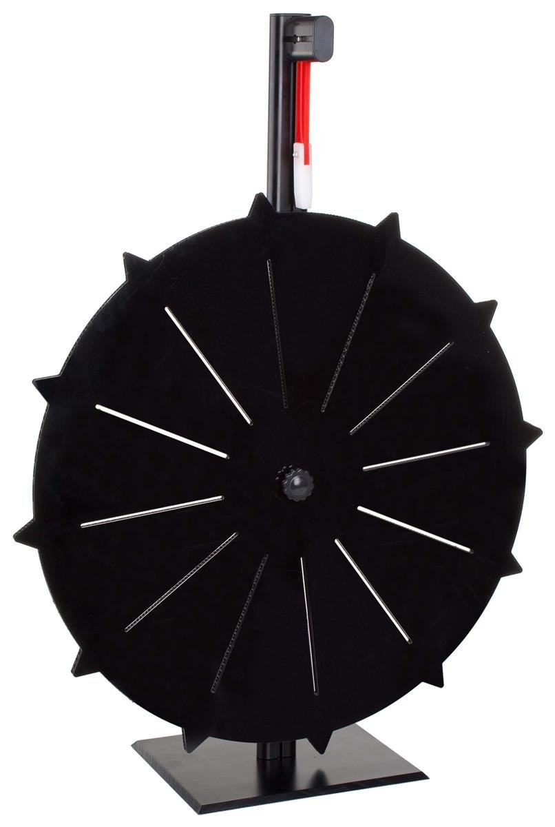 Displays2go Prize Wheel for Tabletop Use with 12 Prize Slots, 27" Glossy Black Write-on Surface Works with Wet-Erase and Liquid Chalk Markers (Not Included), Plastic Flapper, Black Aluminum Stand