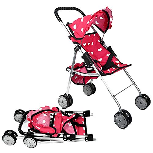 The New York Doll Collection My First Doll Stroller with Basket & Heart Design Foldable Doll Stroller, Pink