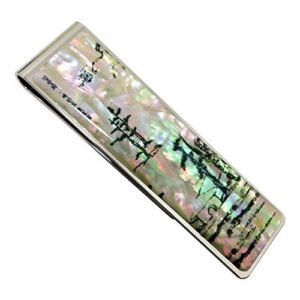 mother of pearl winter scene black pine tree painting slim stainless steel metal money clip holder