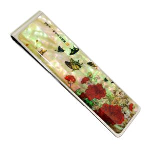 mother of pearl red peony flower butterfly slim stainless steel metal money clip holder