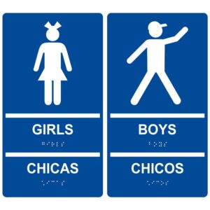 compliancesigns.com girls boys restroom sign set, bilingual ada-compliant braille and raised letters, 11x6 in. blue acrylic plastic for bathrooms