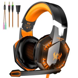 versiontech. g2000 gaming headset, bass surround gaming headphones with noise cancelling mic, led lights, soft memory earmuffs for ps5/ ps4/ xbox one controller/laptop/pc/mac/nintendo nes games-blue