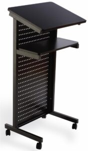 displays2go mobile podium, 46.5 x 23 inches, locking wheels, shelf included, black steel, mdf wood (lctmobmetb)