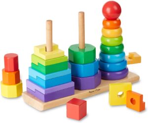 melissa & doug geometric stacker toddler toy, developmental toys, rings, octagons, and rectangles, 25 colorful wooden pieces, 11" h x 3.5" w x 8.5" l