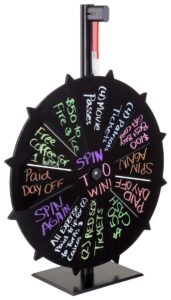 displays2go prize wheel for tabletop use with 12 prize slots, 27" glossy black write-on surface works with wet-erase and liquid chalk markers (not included), plastic flapper, black aluminum stand