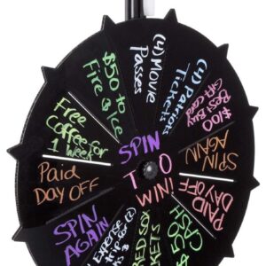 Displays2go Prize Wheel for Tabletop Use with 12 Prize Slots, 27" Glossy Black Write-on Surface Works with Wet-Erase and Liquid Chalk Markers (Not Included), Plastic Flapper, Black Aluminum Stand