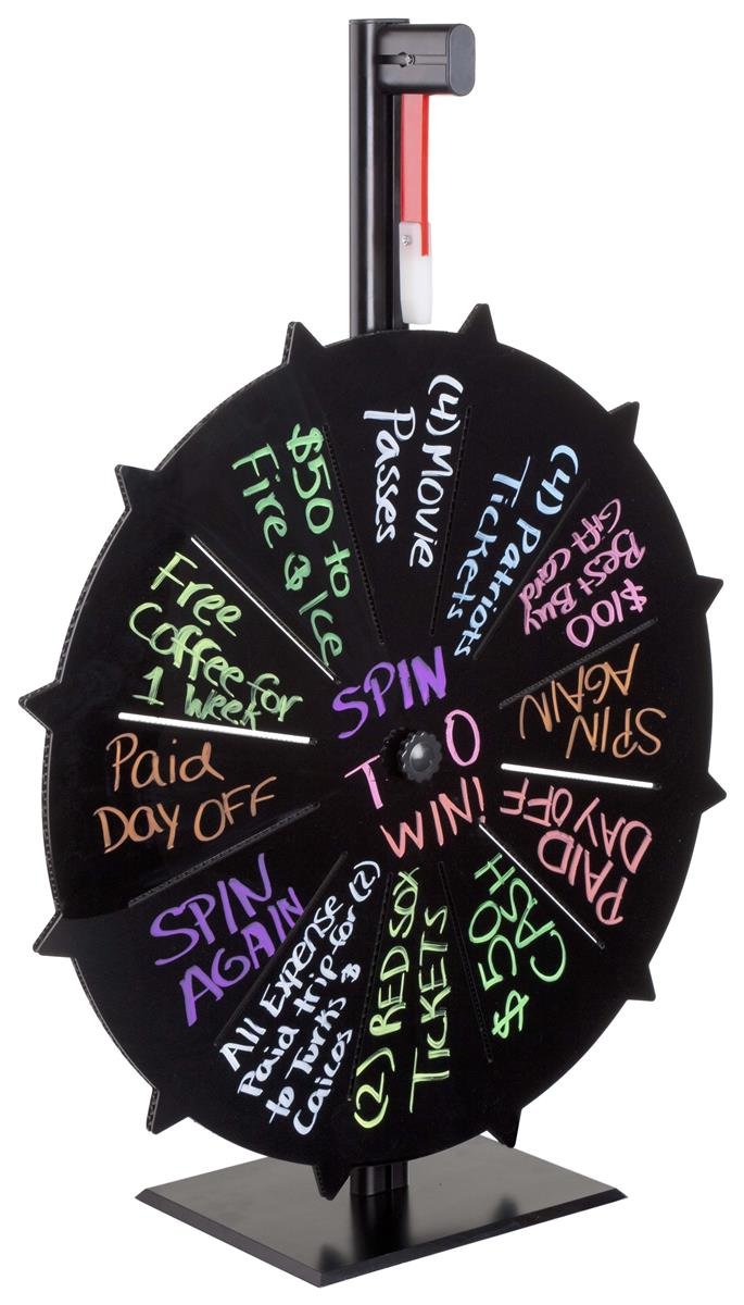 Displays2go Prize Wheel for Tabletop Use with 12 Prize Slots, 27" Glossy Black Write-on Surface Works with Wet-Erase and Liquid Chalk Markers (Not Included), Plastic Flapper, Black Aluminum Stand