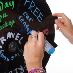 Displays2go Prize Wheel for Tabletop Use with 12 Prize Slots, 27" Glossy Black Write-on Surface Works with Wet-Erase and Liquid Chalk Markers (Not Included), Plastic Flapper, Black Aluminum Stand