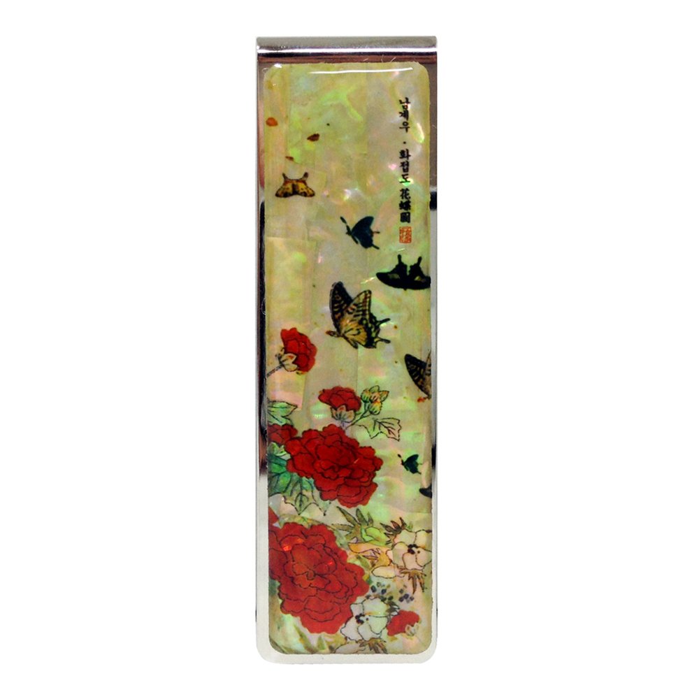 Mother of Pearl Red Peony Flower Butterfly Slim Stainless Steel Metal Money Clip Holder