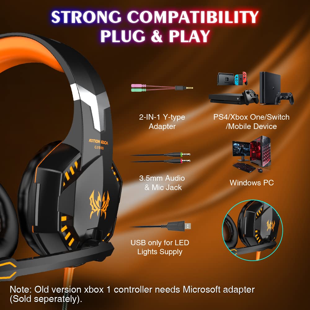 VersionTECH. G2000 Gaming Headset, Bass Surround Gaming Headphones with Noise Cancelling Mic, LED Lights, Soft Memory Earmuffs for PS5/ PS4/ Xbox One Controller/Laptop/PC/Mac/Nintendo NES Games-Blue