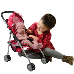 The New York Doll Collection My First Doll Stroller with Basket & Heart Design Foldable Doll Stroller, Pink