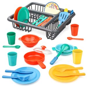 growthpic pretend play kitchen set for kids, kitchen toys tableware dishes playset with drainer (27 pcs)