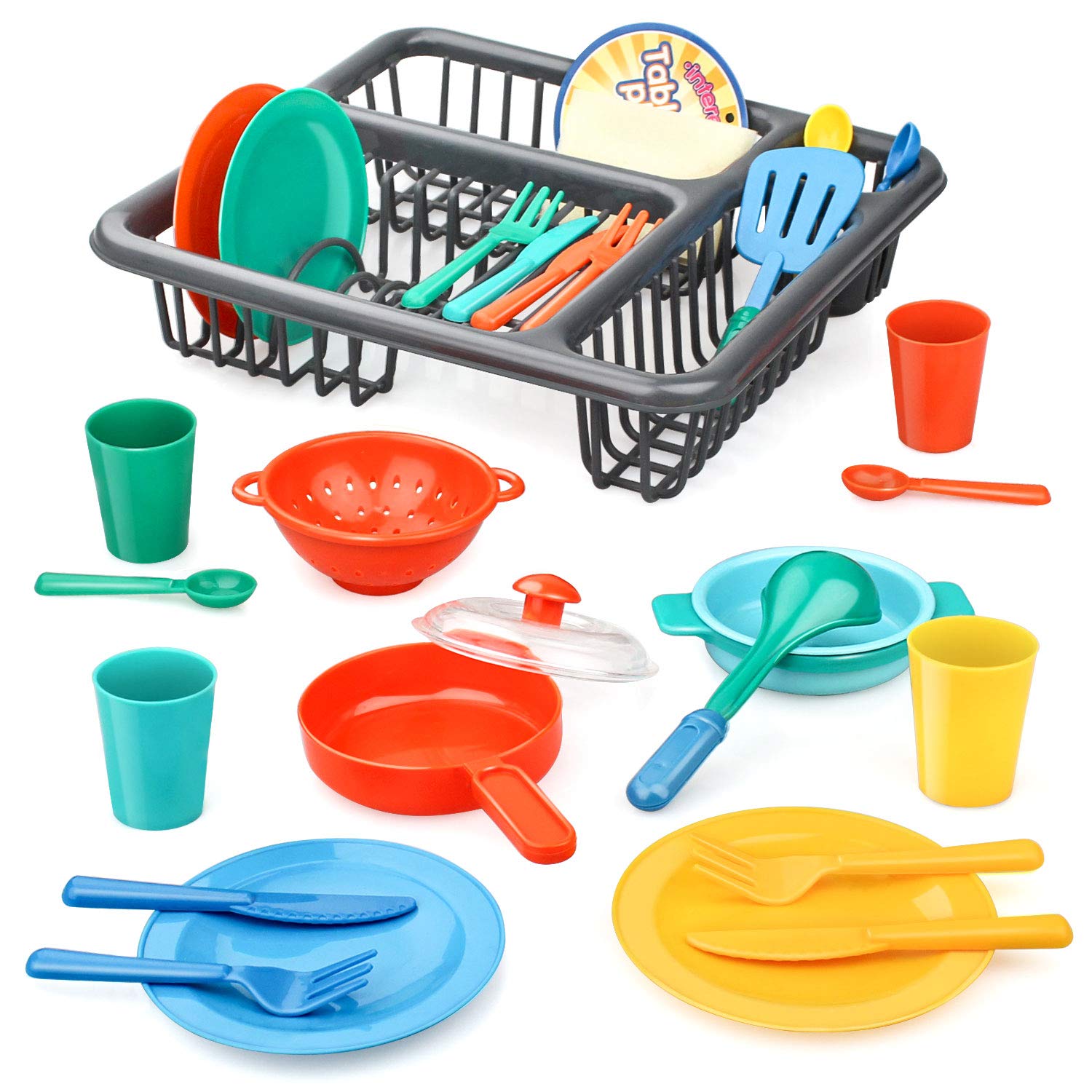 GrowthPic Pretend Play Kitchen Set for Kids, Kitchen Toys Tableware Dishes Playset with Drainer (27 Pcs)