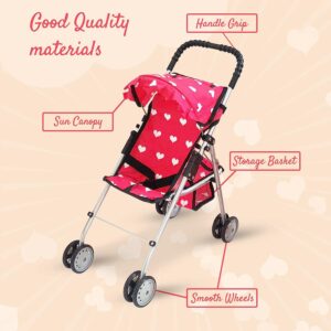 The New York Doll Collection My First Doll Stroller with Basket & Heart Design Foldable Doll Stroller, Pink