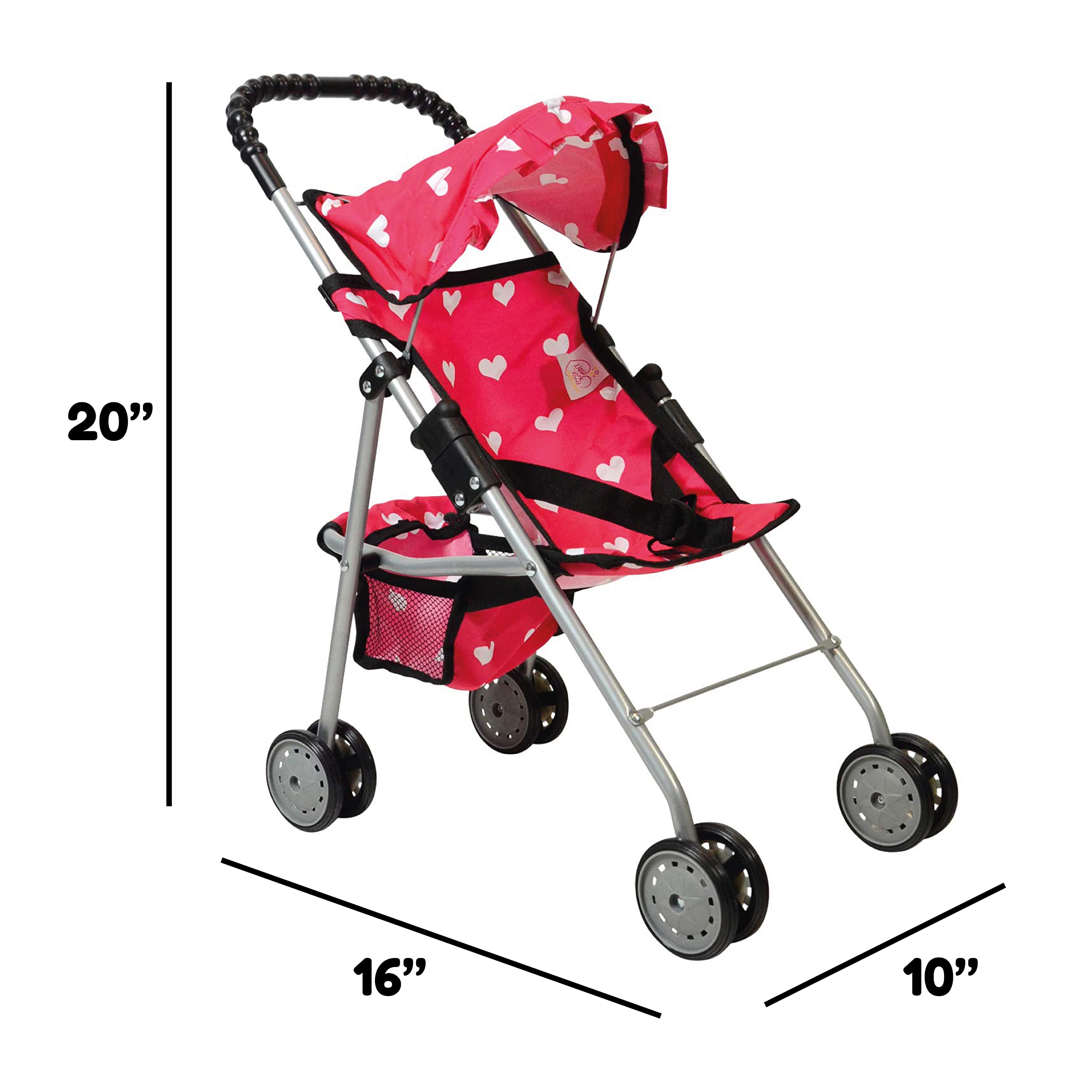 The New York Doll Collection My First Doll Stroller with Basket & Heart Design Foldable Doll Stroller, Pink