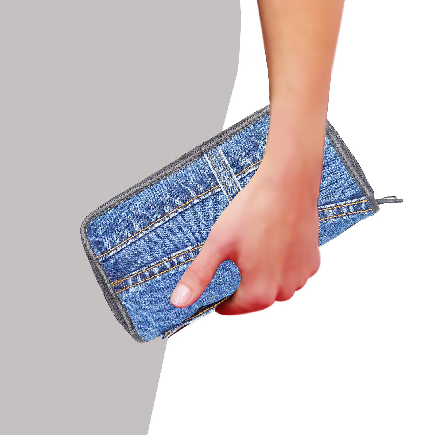 Bijoux de Ja Women Blue Denim Money Double Zipper Around Accordion Wallet Wristlet Purse Clutch DMW015