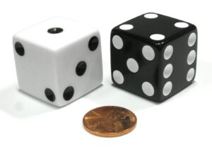 koplow games set of 2 inverse d6 25mm large opaque jumbo dice - 1 white and 1 black