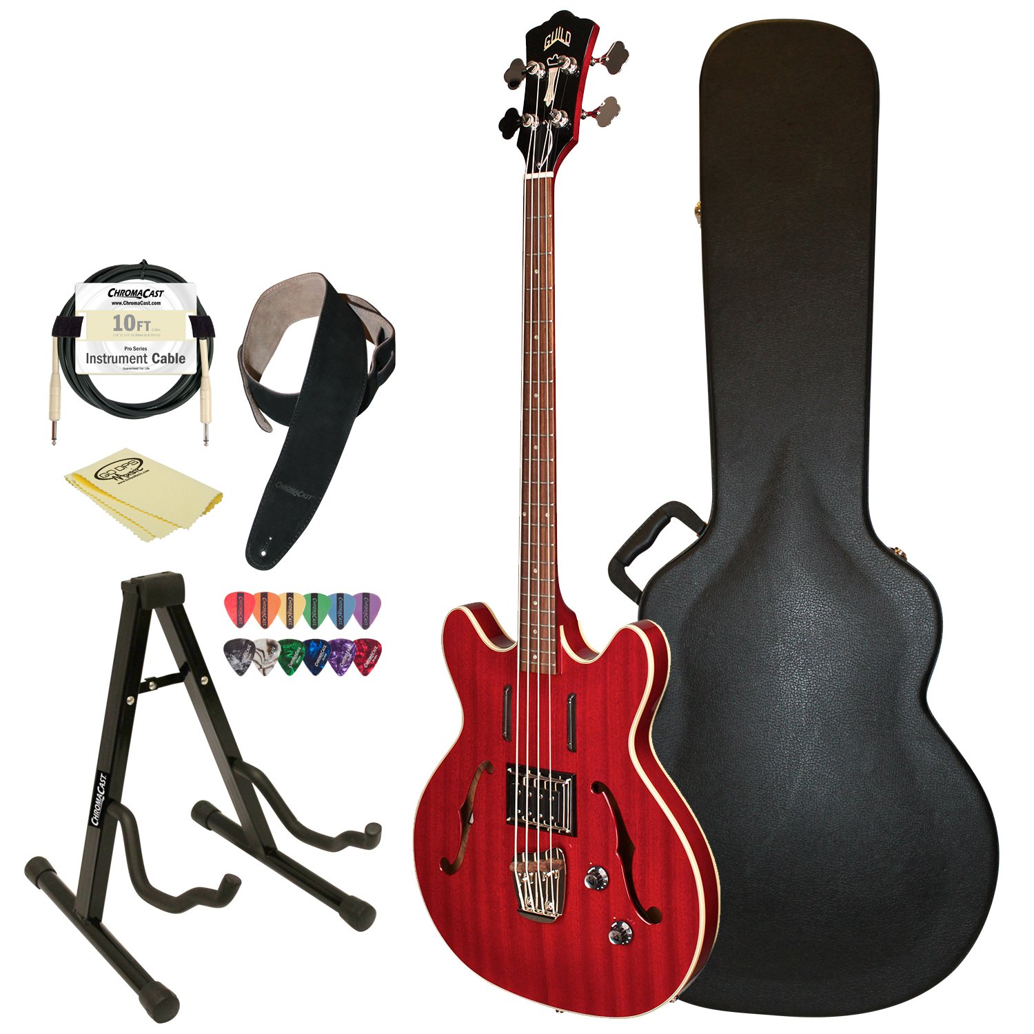 Guild Starfire Bass CHR Semi-Hollow Electric Bass Guitar, Cherry Red, Guild Hard Case, Cable, Strap, Picks, Stand and Polish Cloth