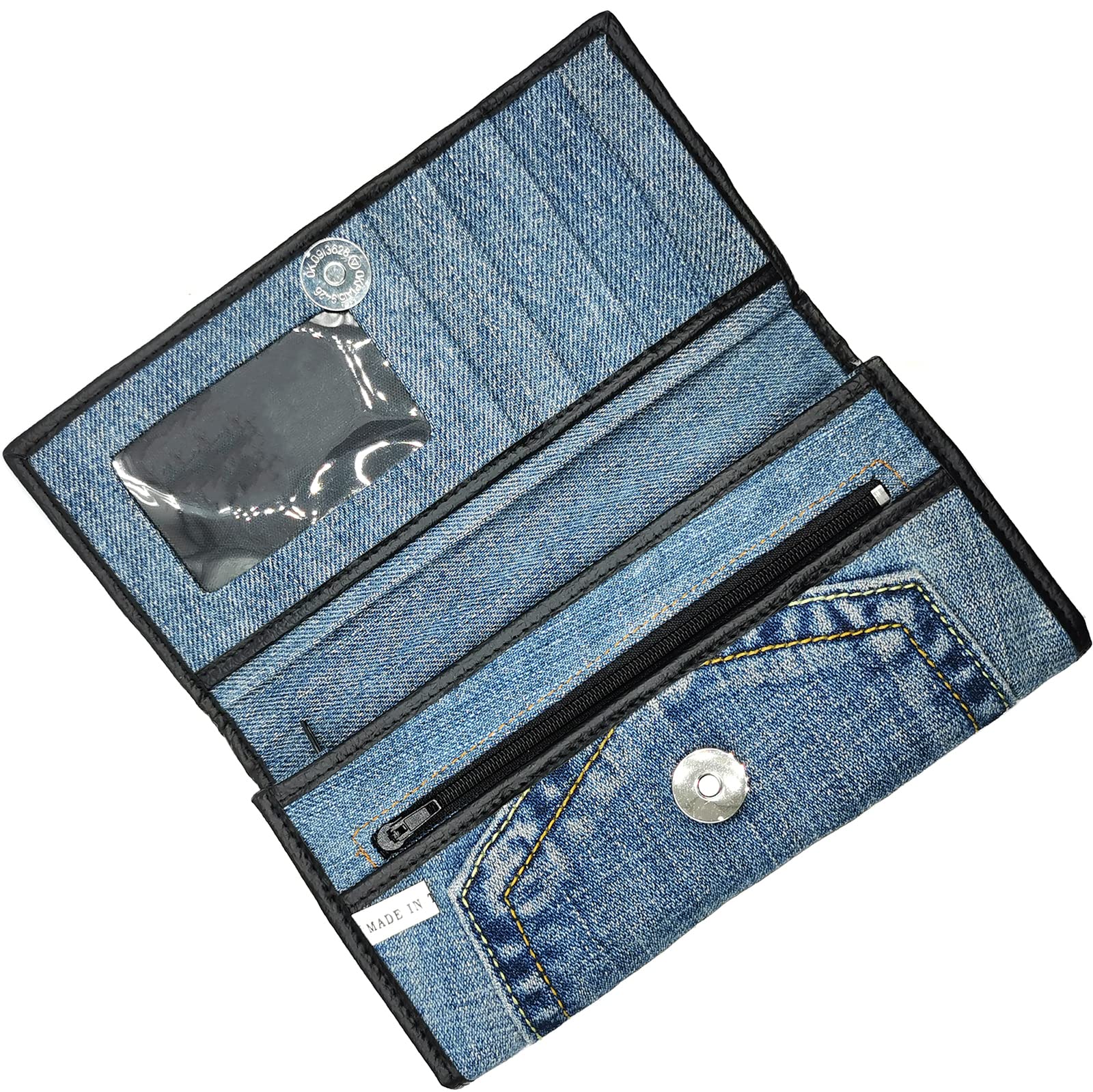 Bijoux de Ja Upcycling Blue Denim Versatile Decorated Flap Cover Pocket Money Long Wallet Purse Clutch for Women (RANDOM)