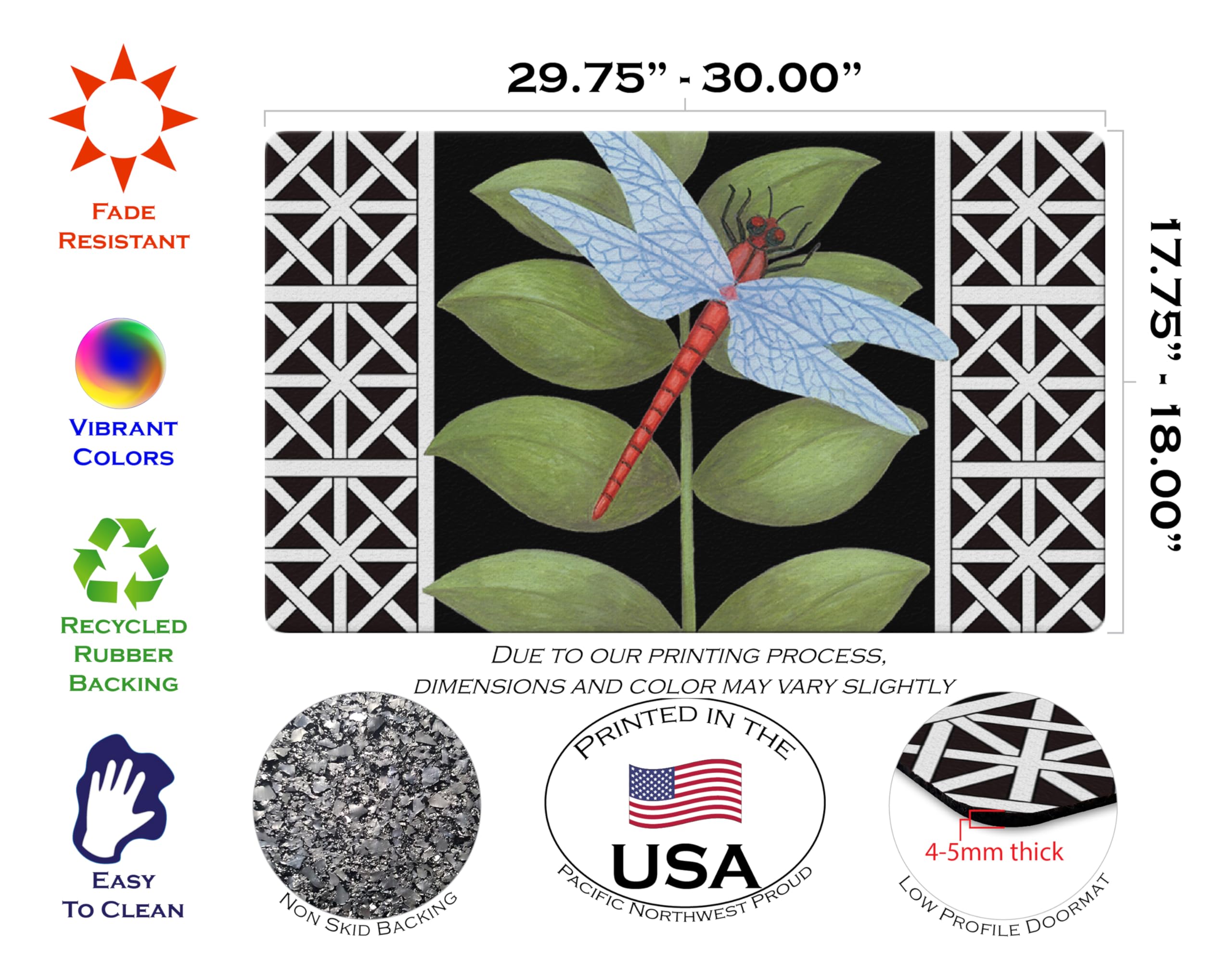 Toland Home Garden 800053 Dragonfly On Black Summer Door Mat 18x30 Inch Spring Outdoor Doormat for Entryway Indoor Entrance