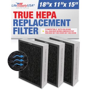 lifesupplyusa true hepa filter replacement compatible with blueair all 500/600 series smokestop 500 600 501 503 550e 601 603 650e air purifier (3-pack)