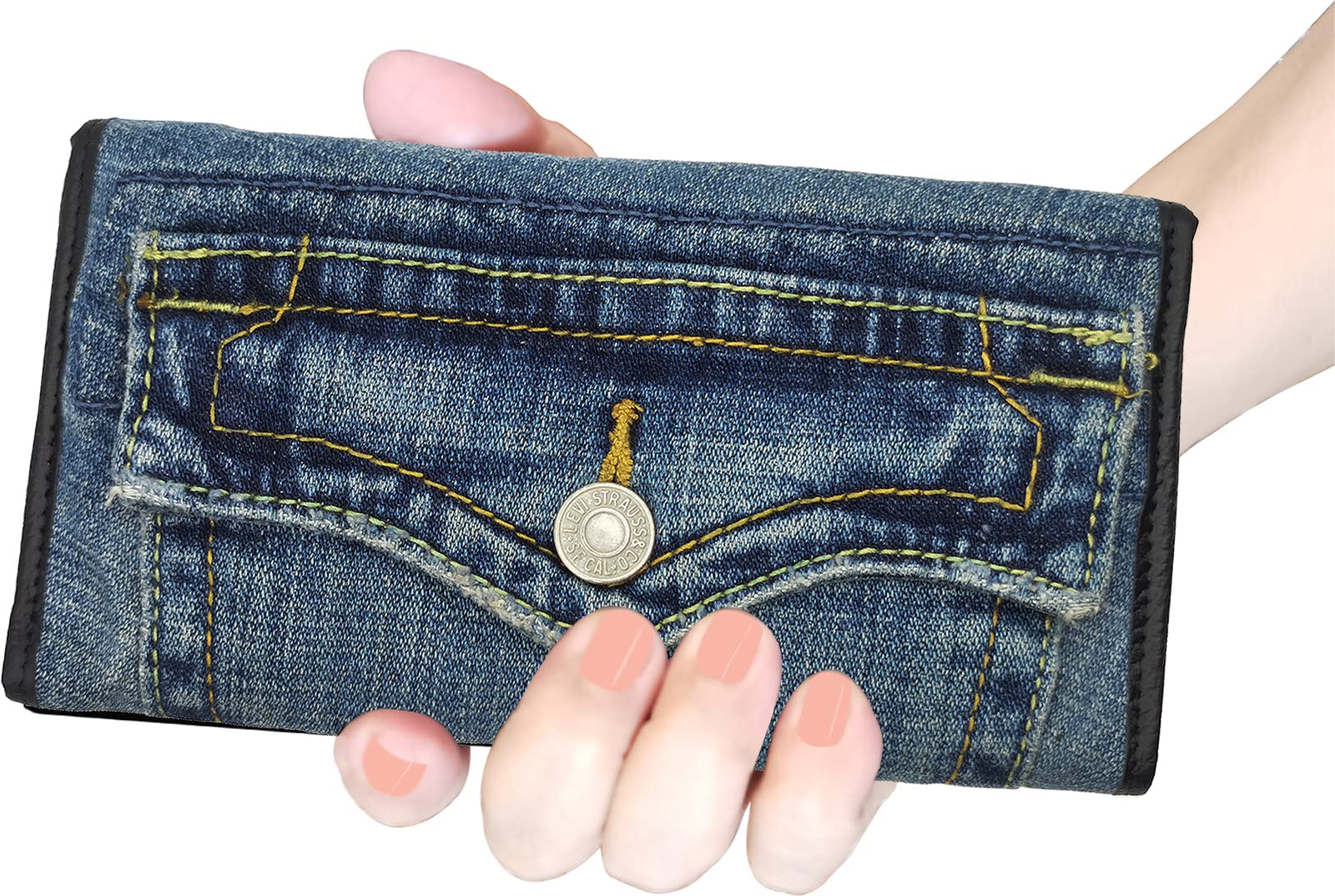 Bijoux de Ja Upcycling Blue Denim Versatile Decorated Flap Cover Pocket Money Long Wallet Purse Clutch for Women (RANDOM)