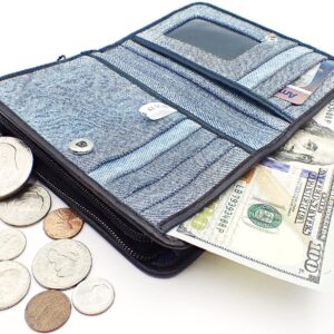 Bijoux de Ja Upcycling Blue Denim Bifold Money Zip Coin Card Holder Organizer Compact Wallet for Women