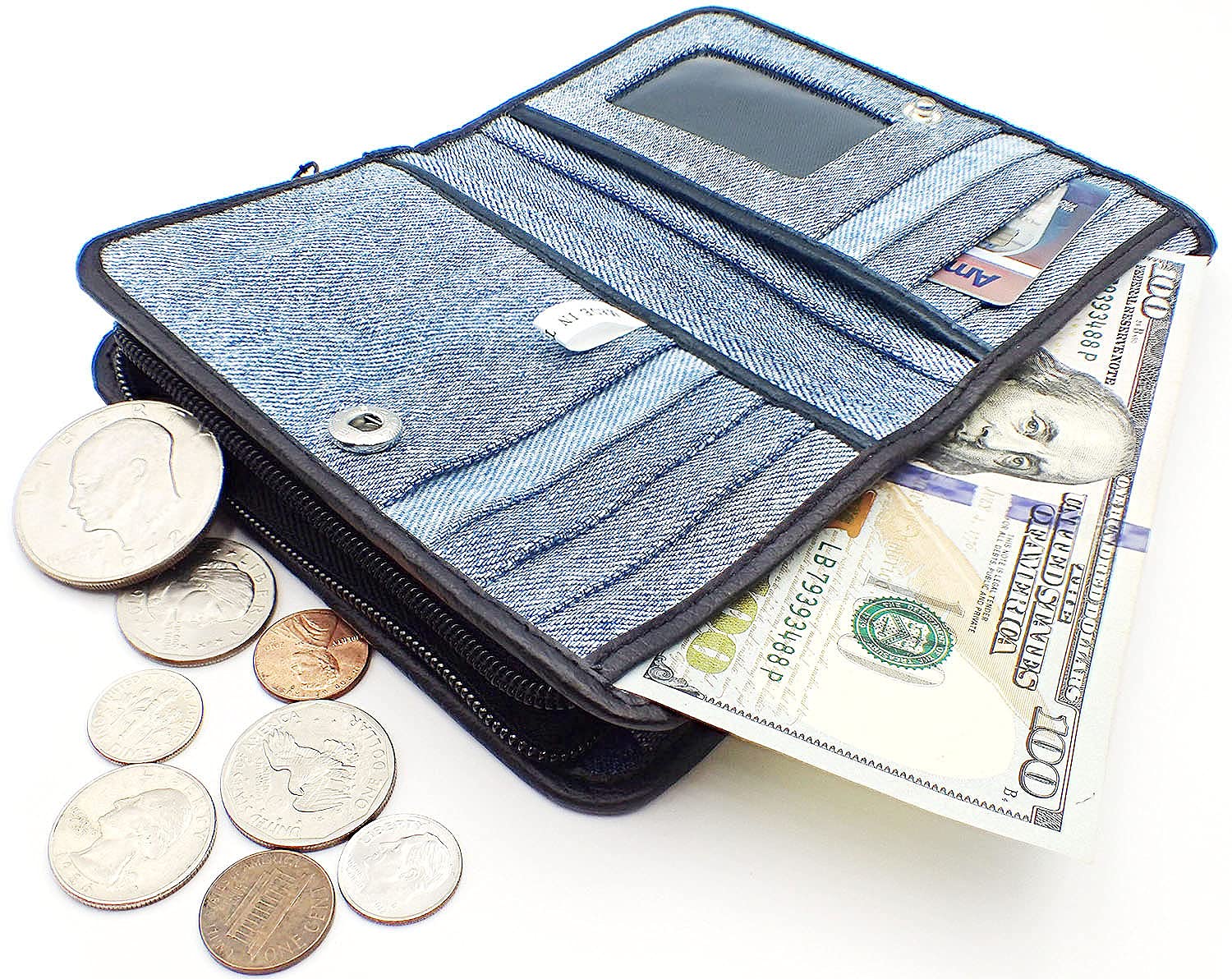 Bijoux de Ja Upcycling Blue Denim Bifold Money Zip Coin Card Holder Organizer Compact Wallet for Women