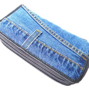 Bijoux de Ja Women Blue Denim Money Double Zipper Around Accordion Wallet Wristlet Purse Clutch DMW015