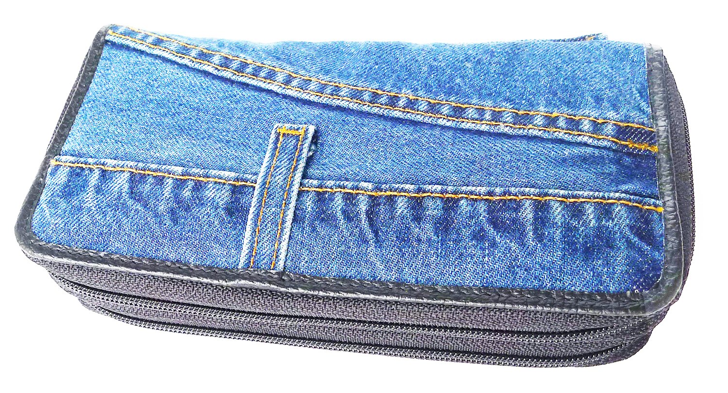 Bijoux de Ja Women Blue Denim Money Double Zipper Around Accordion Wallet Wristlet Purse Clutch DMW015