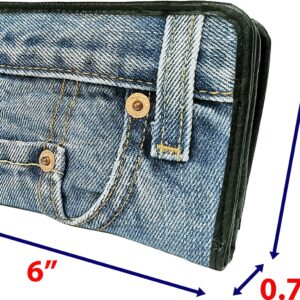 Bijoux de Ja Upcycling Blue Denim Bifold Money Zip Coin Card Holder Organizer Compact Wallet for Women