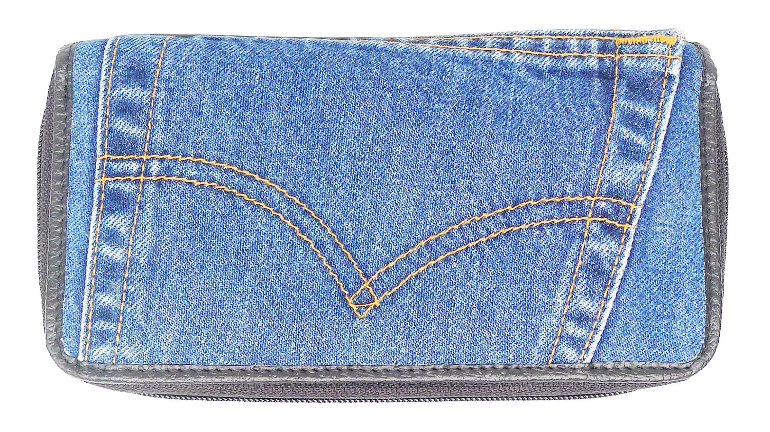 Bijoux de Ja Women Blue Denim Money Double Zipper Around Accordion Wallet Wristlet Purse Clutch DMW015