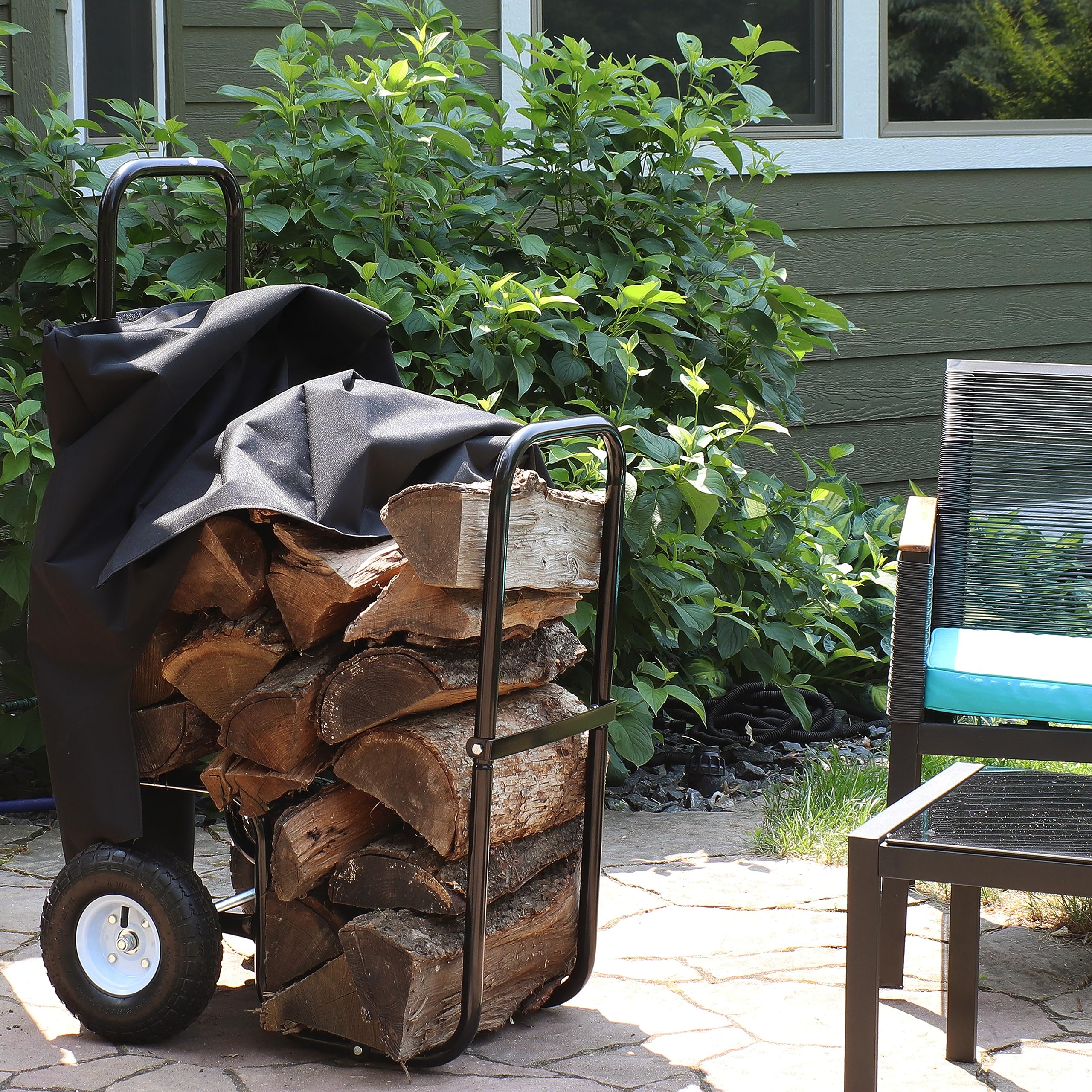 Sunnydaze Outdoor Firewood Log Cart with Pneumatic Tires and Heavy-Duty Polyester/PVC Cover