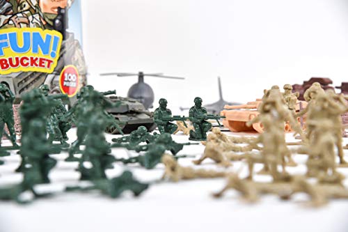 Sunny Days Entertainment Military Battle Group Bucket Over 100 Assorted Soldiers and 20 Accessories Toy Play Set for Kids, Boys and Girls | Plastic Army Men Figures with Storage Container