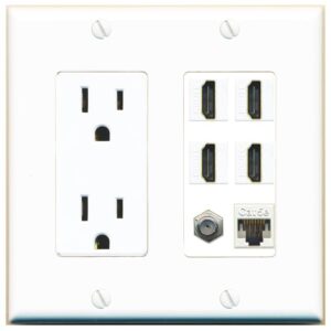 riteav 15a power outlet 4 port hdmi 1 x cat5e ethernet coax cable tv wall plate (white)