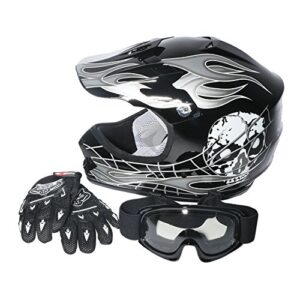 tengchang dot youth kids atv motocross dirt bike black skull helmet w/goggles+gloves(l)